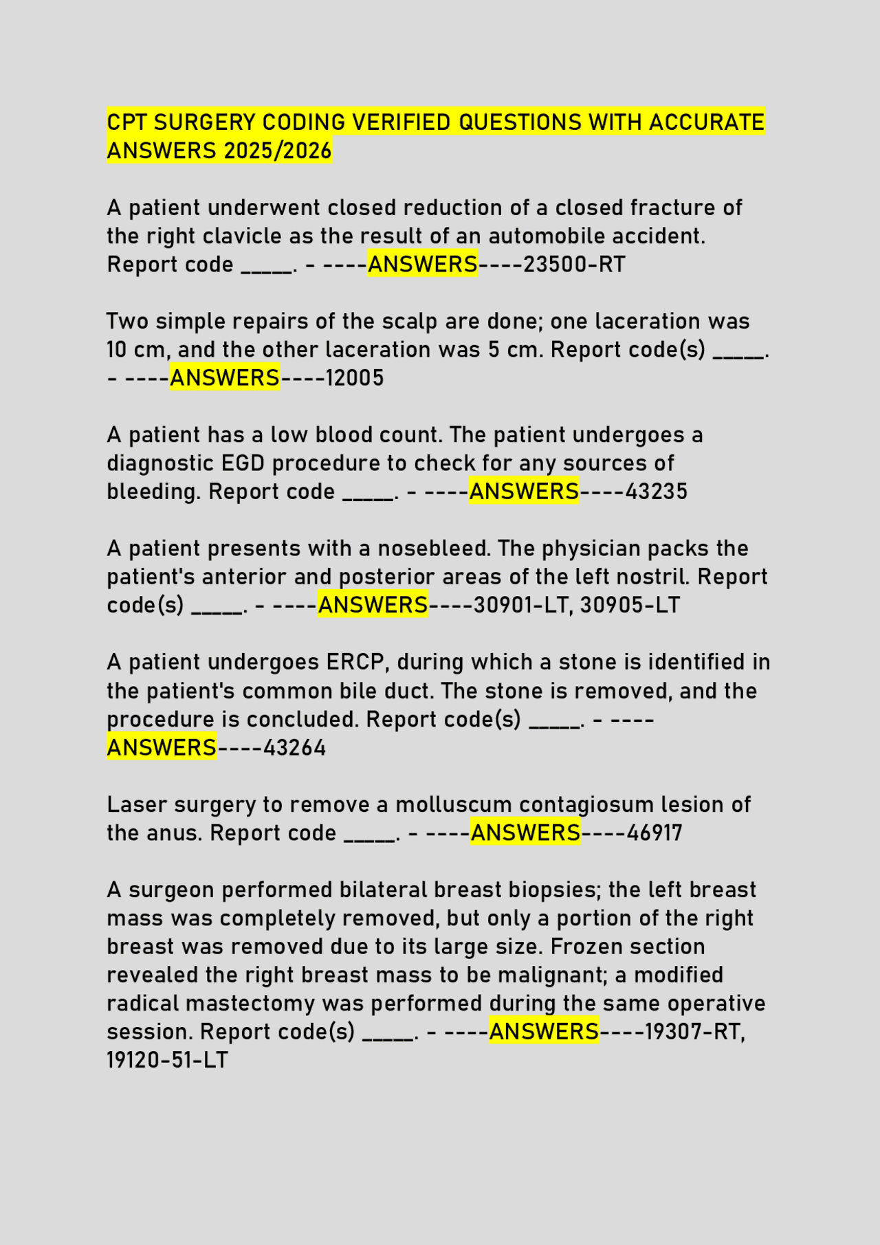 CPT SURGERY CODING VERIFIED QUESTIONS WITH ACCURATE ANSWERS 2025/2026 ...