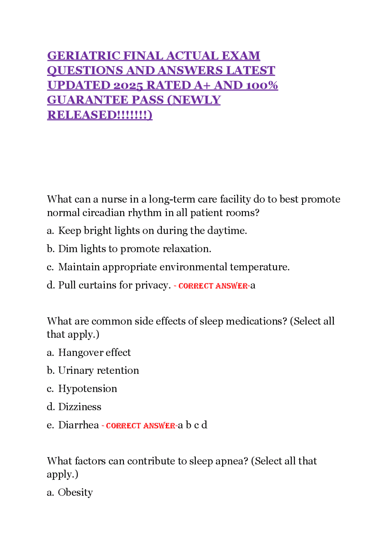 GERIATRICS FINAL ACTUAL EXAM QUESTIONS AND ANSWERS LATEST UPDATED 2025 ...