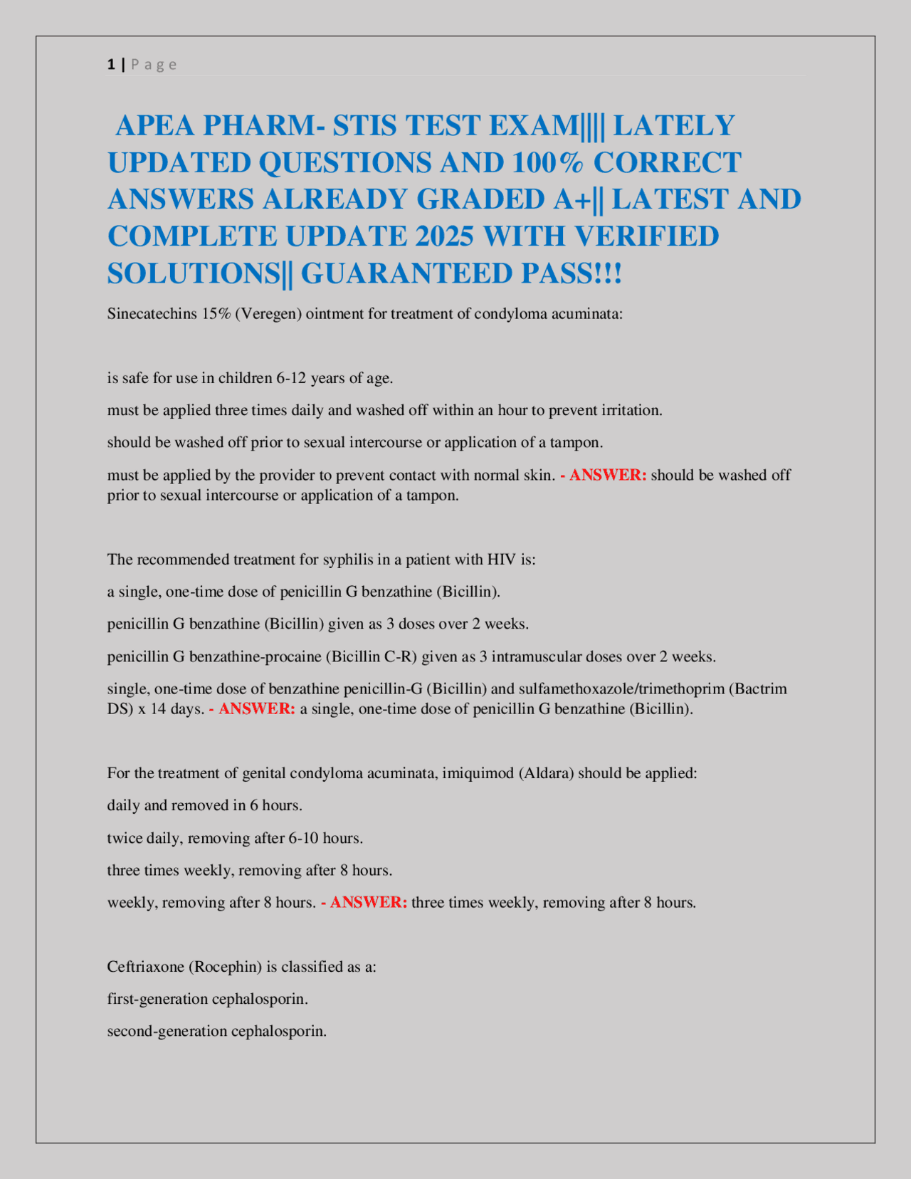 APEA PHARM- STIS TEST EXAM|||| LATELY UPDATED QUESTIONS AND 100% ...