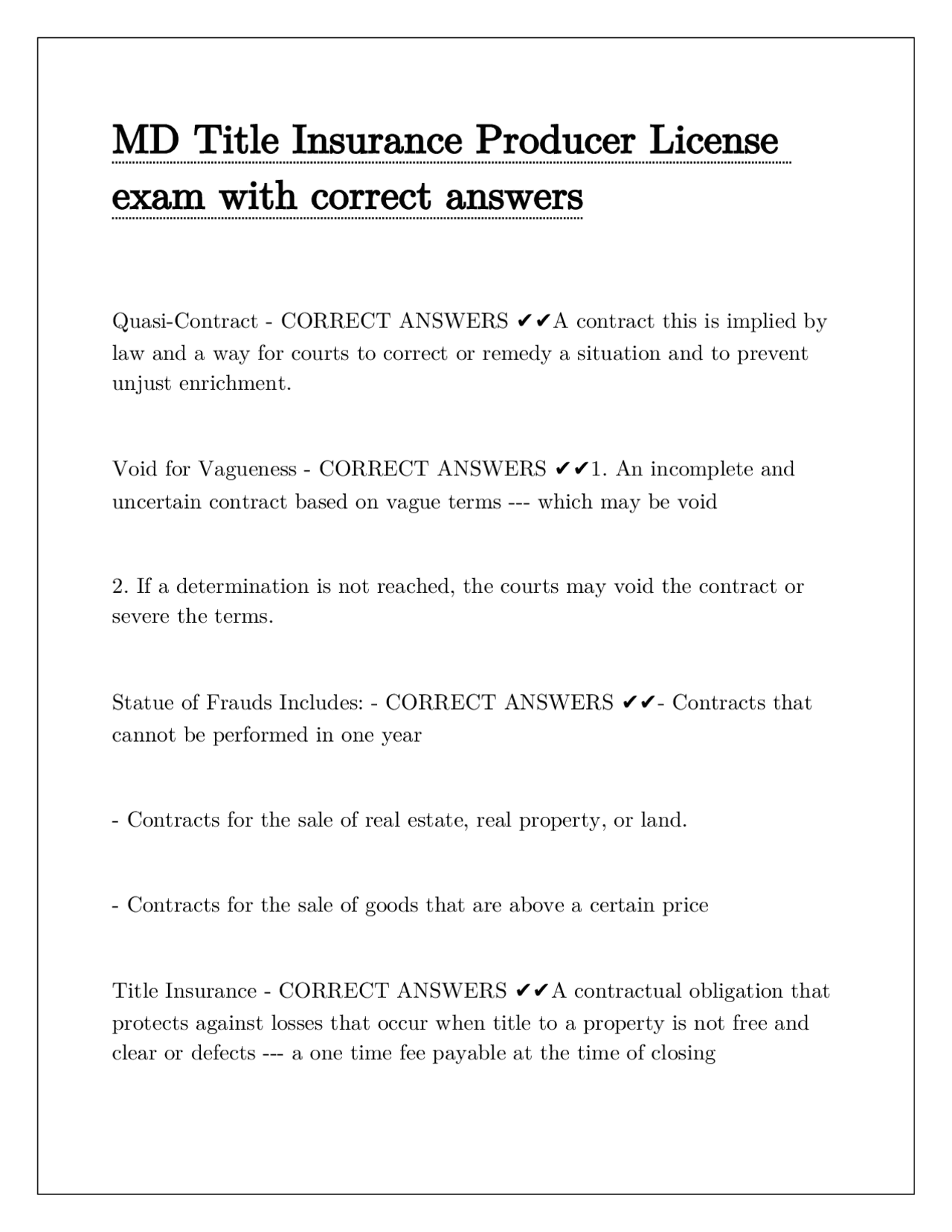 MD Title Insurance Producer License exam with correct answers | Exams ...