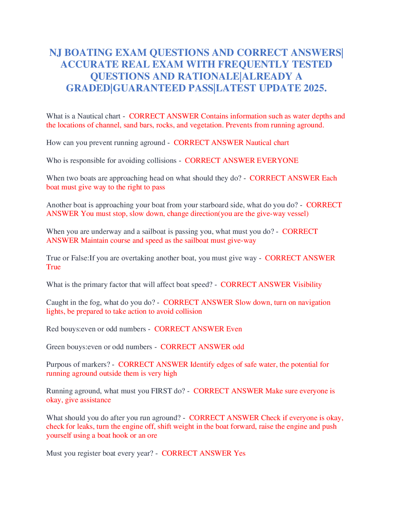 NJ BOATING EXAM QUESTIONS AND CORRECT ANSWERS| ACCURATE REAL EXAM ...