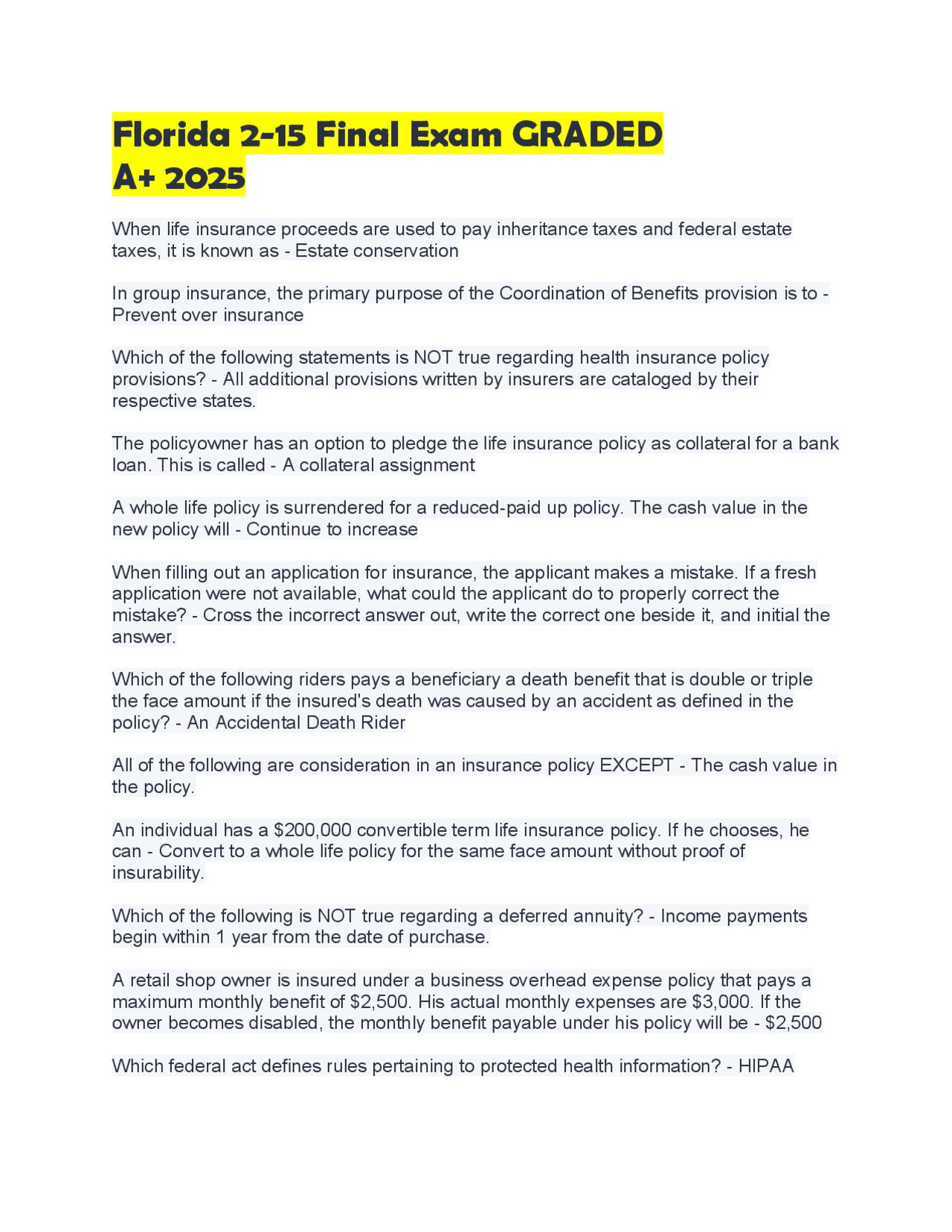 Florida 2-15 Final Exam – Graded A+ 2025 – Comprehensive Question Set ...