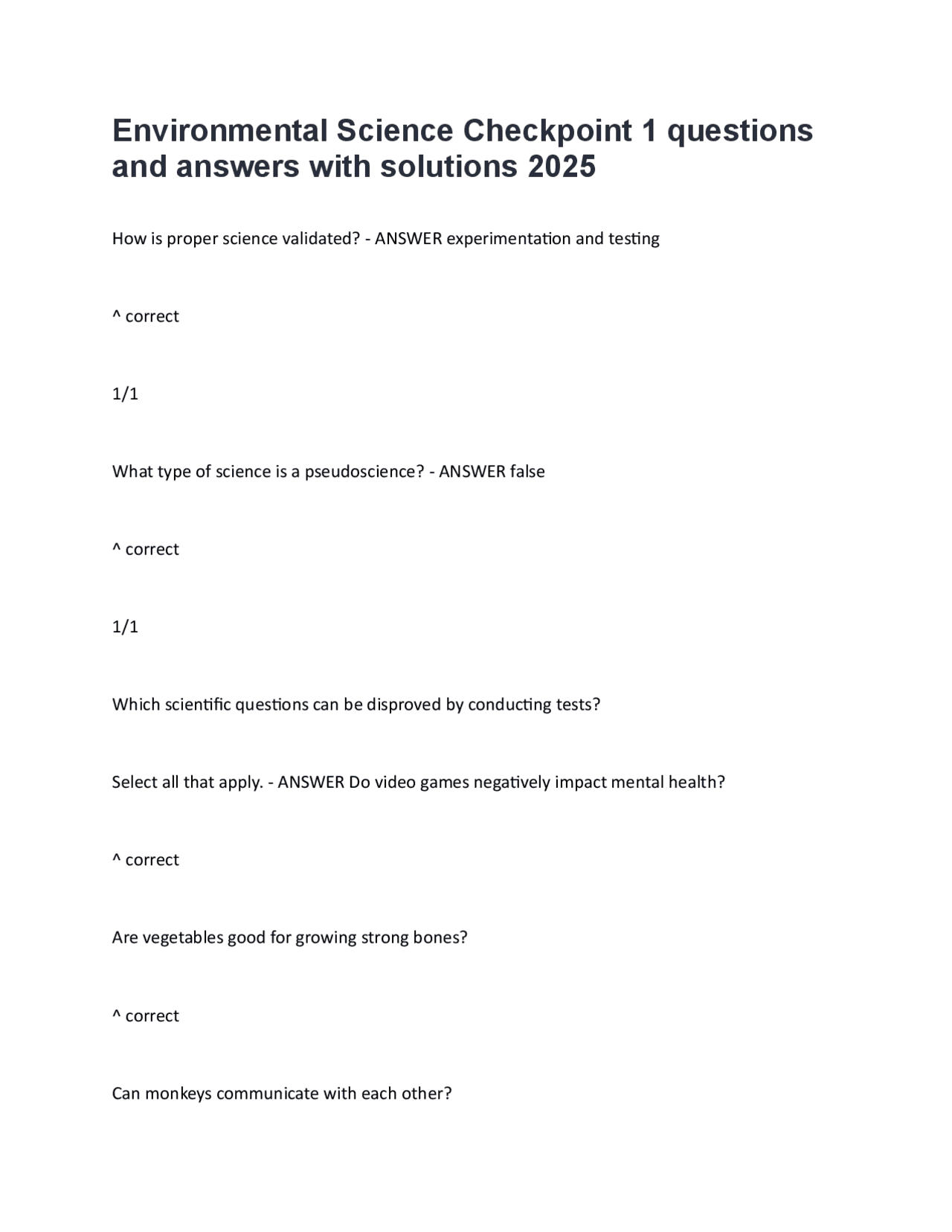 Environmental Science Checkpoint 1 questions and answers with solutions ...