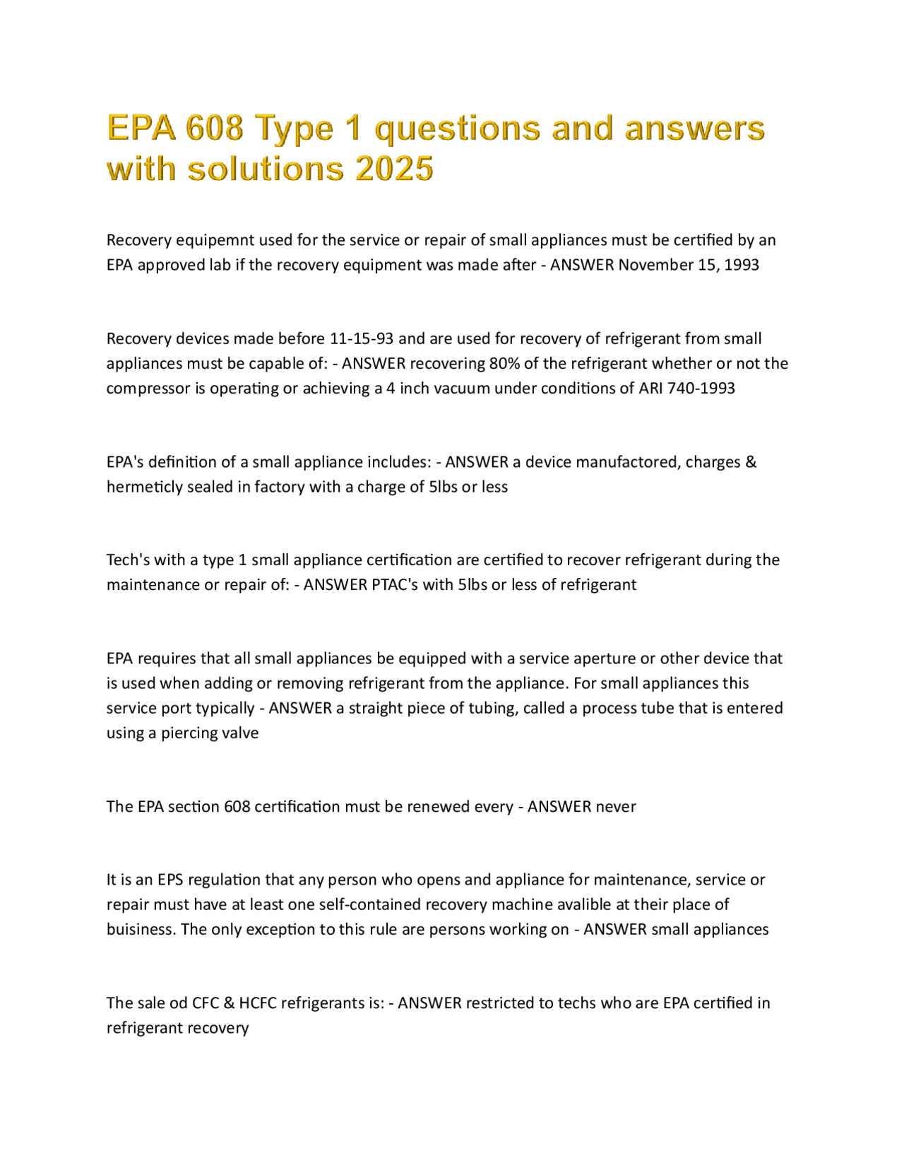 EPA 608 Type 1 questions and answers with solutions 2025 | Exams ...