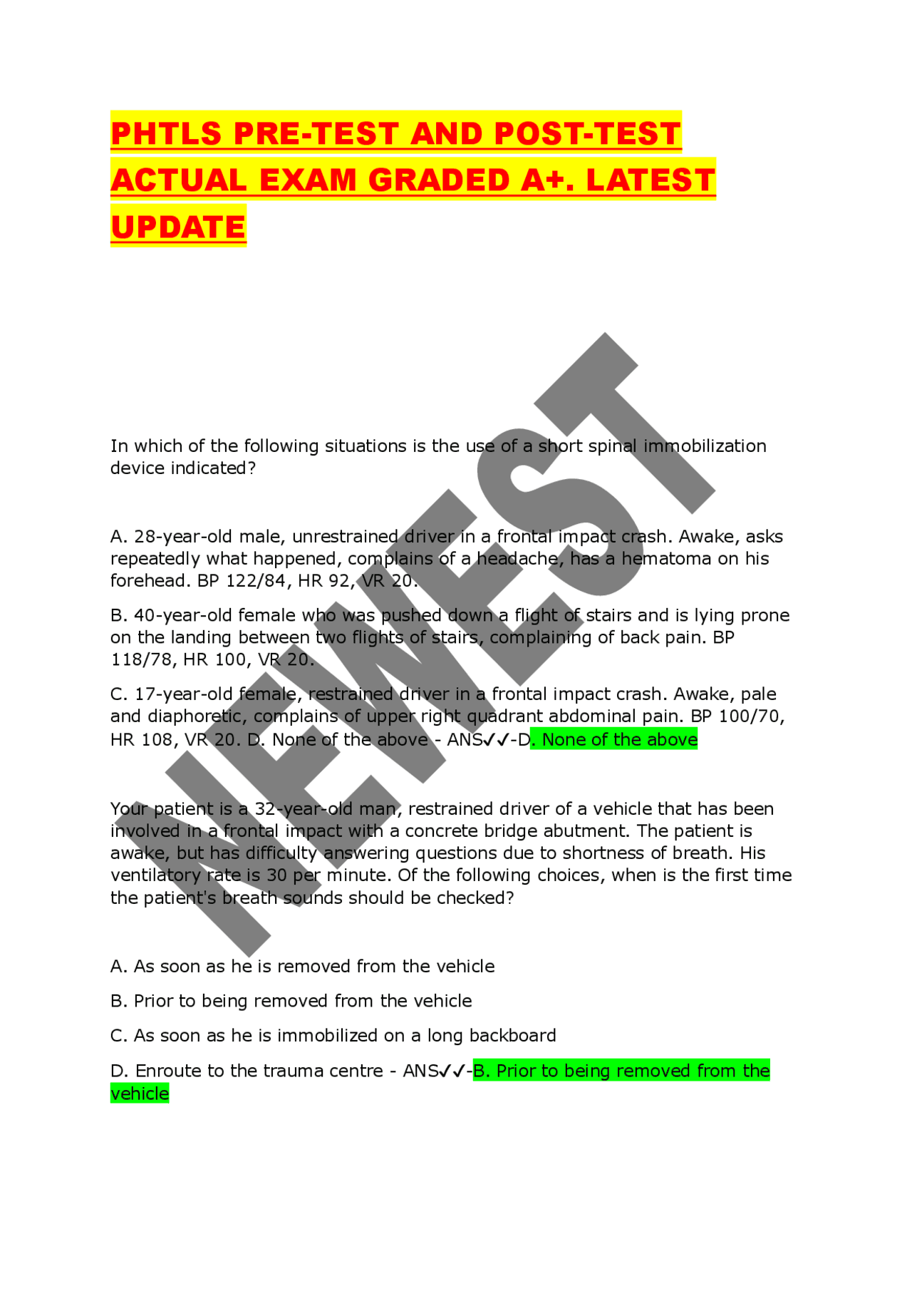 PHTLS PRE-TEST AND POST-TEST ACTUAL EXAM GRADED A+. LATEST UPDATE ...