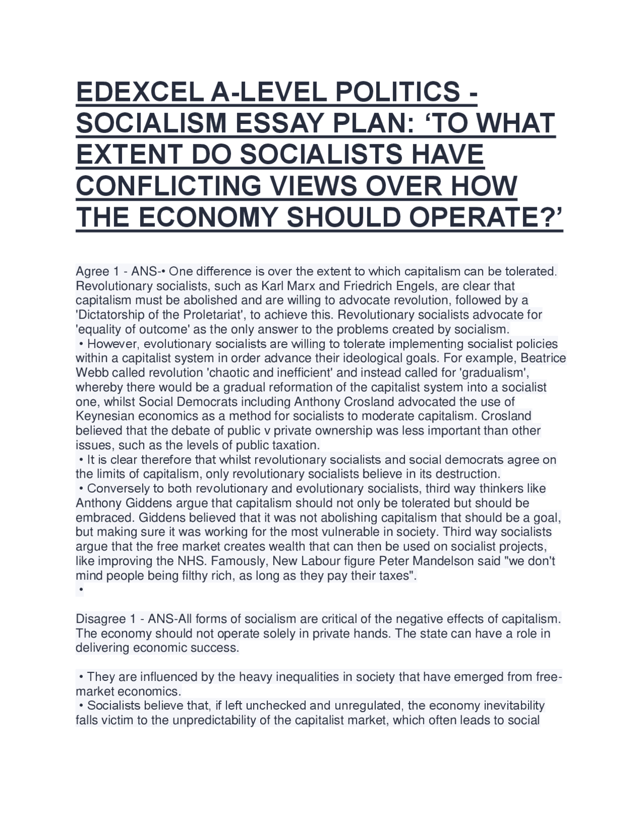 EDEXCEL A-LEVEL POLITICS - SOCIALISM ESSAY PLAN | Exams Literature ...