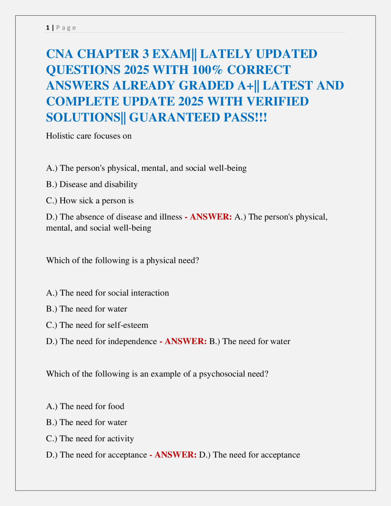 CNA Chapter 3 Exam Questions and Answers: Complete Study Guide 2025 | Exams Nursing | Docsity