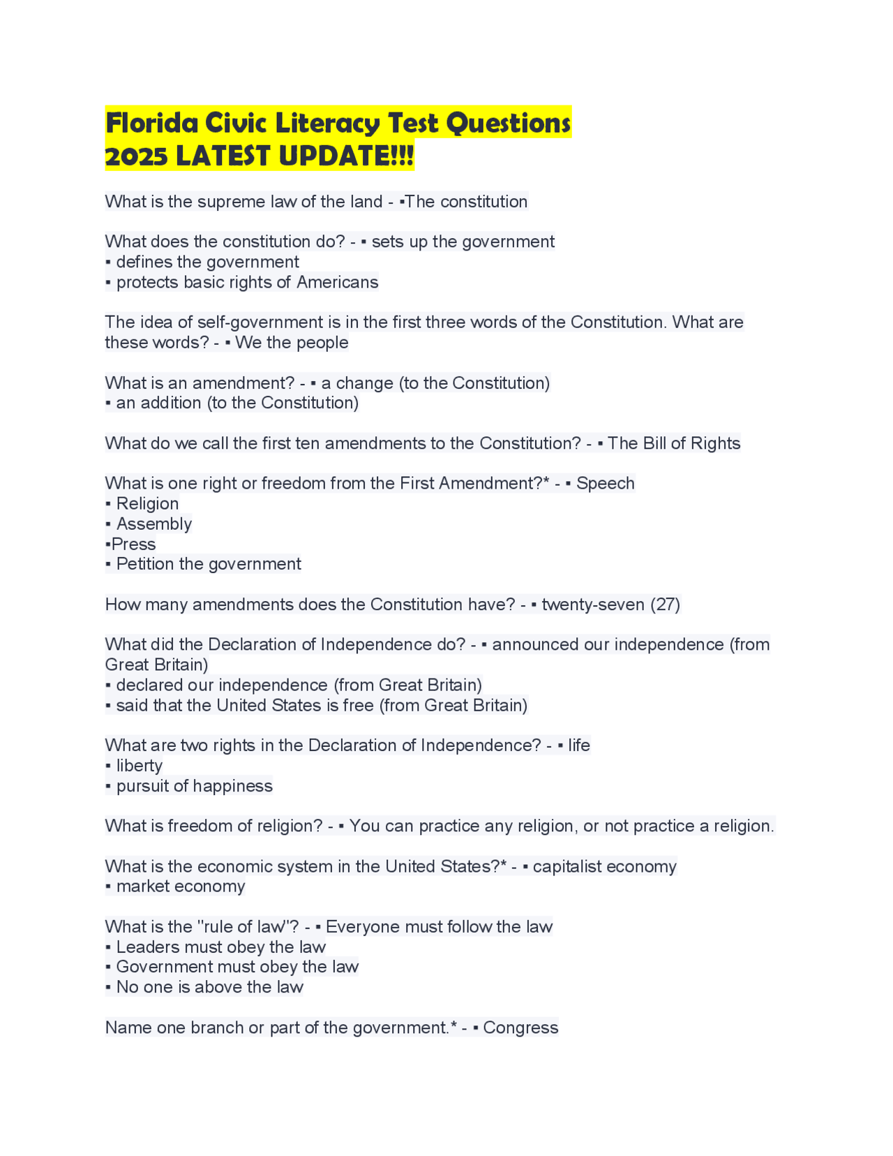 Florida Civic Literacy Test: Comprehensive Q&A for Exam Success ...