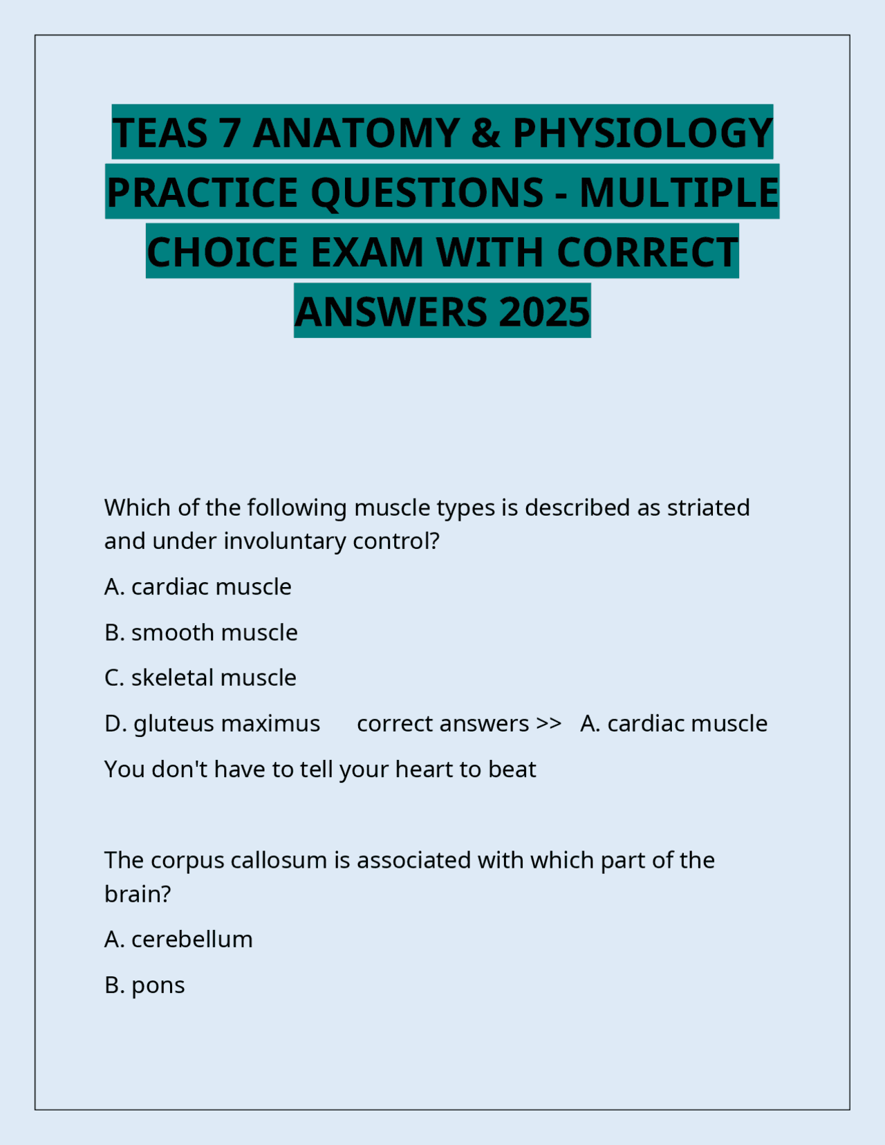 TEAS 7 ANATOMY & PHYSIOLOGY PRACTICE QUESTIONS - MULTIPLE CHOICE EXAM ...
