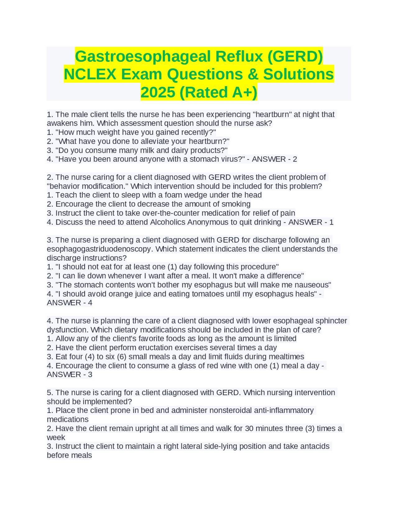 Gastroesophageal Reflux (GERD) NCLEX Exam Questions & Solutions 2025 ...