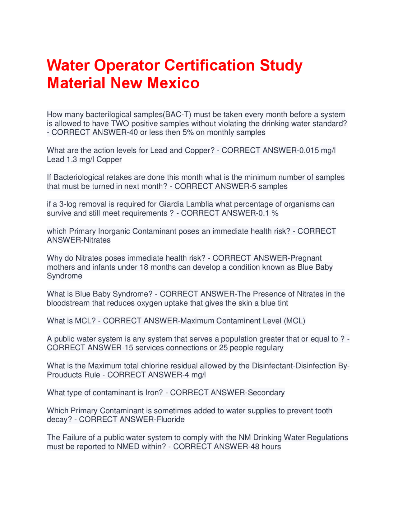 Water Operator Certification Study Material New Mexico Questions And ...