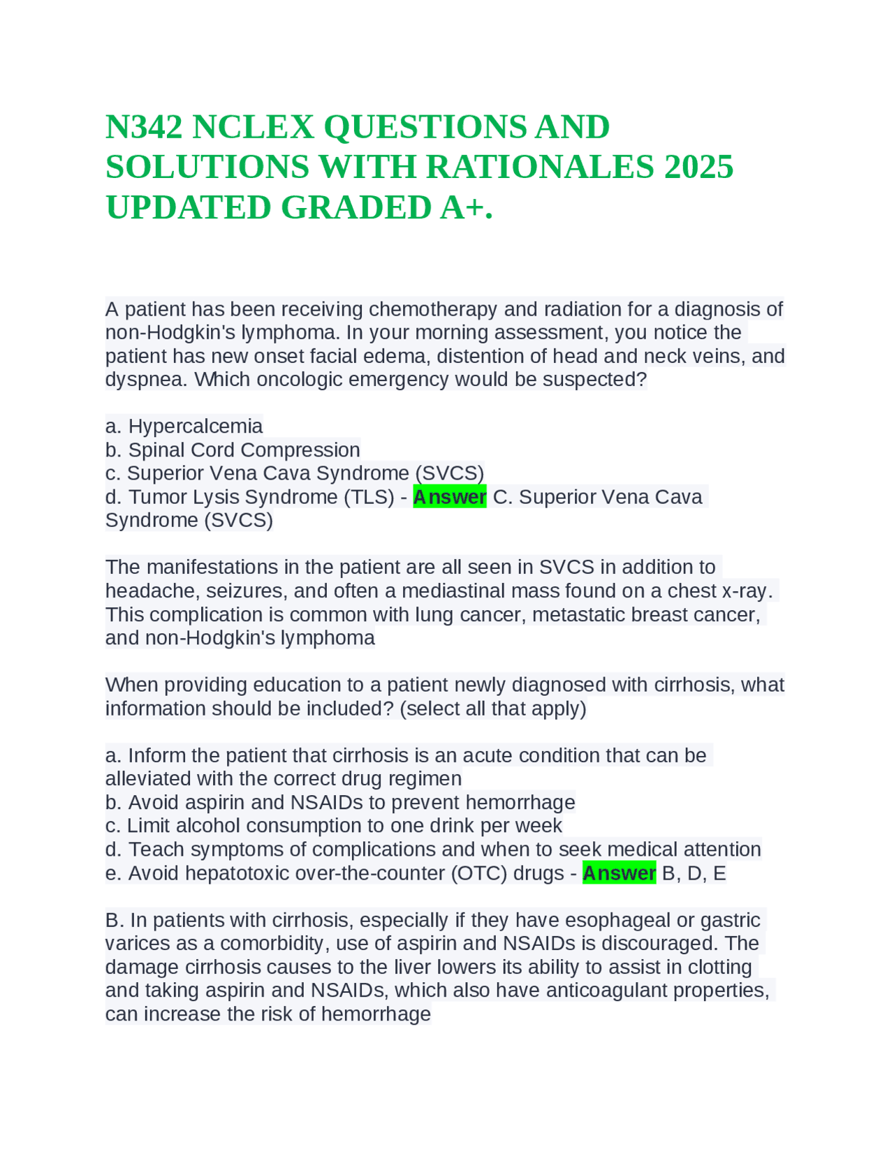 N342 NCLEX QUESTIONS AND SOLUTIONS WITH RATIONALES 2025 UPDATED GRADED ...
