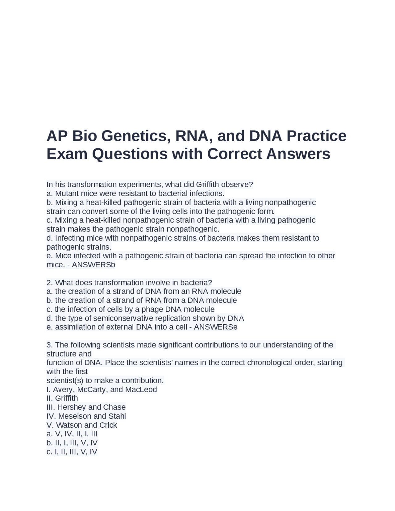 AP Biology: Genetics, RNA, and DNA Practice Exam Questions | Exams ...