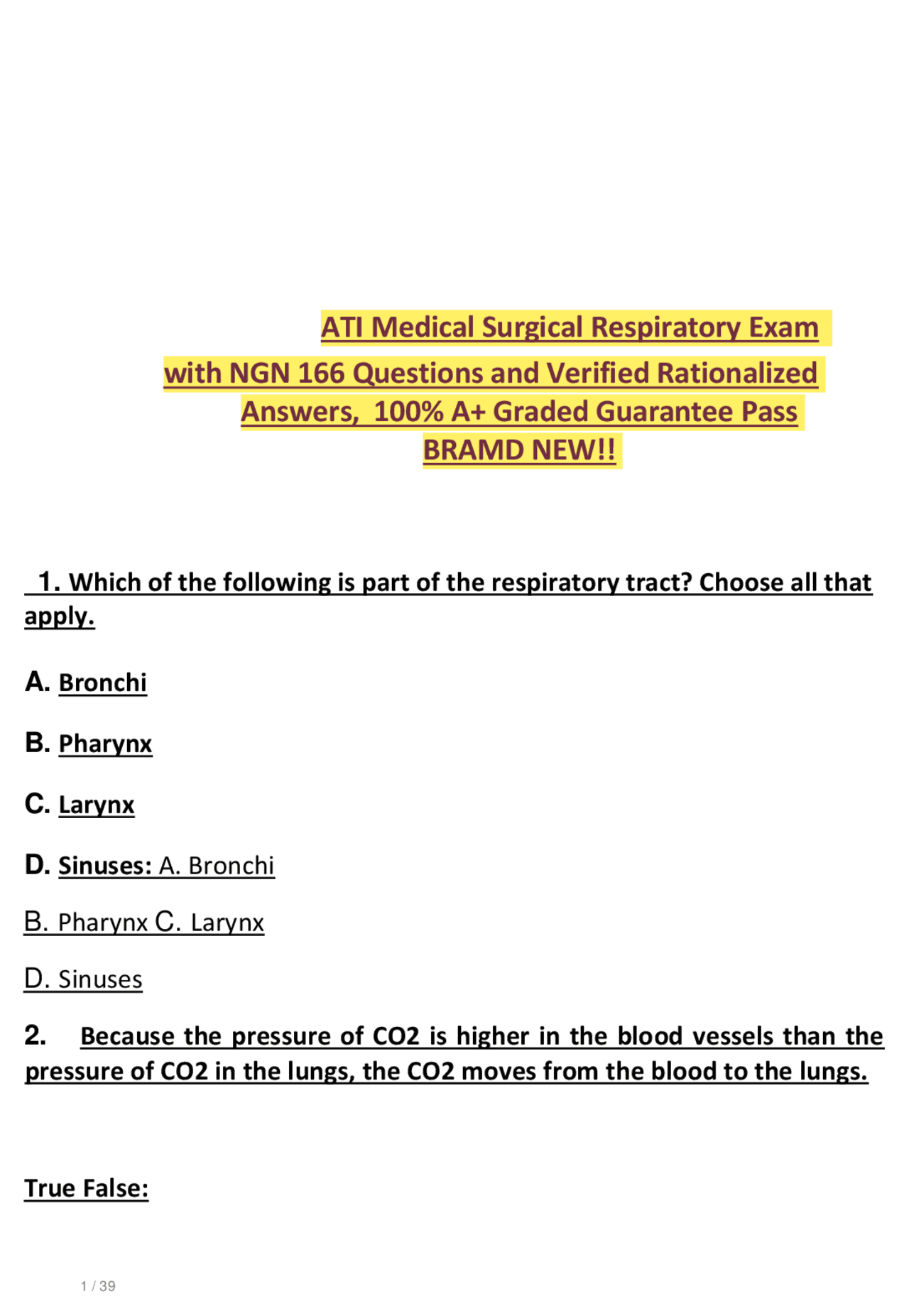 ATI Medical Surgical Respiratory Exam with NGN 166 Questions and ...