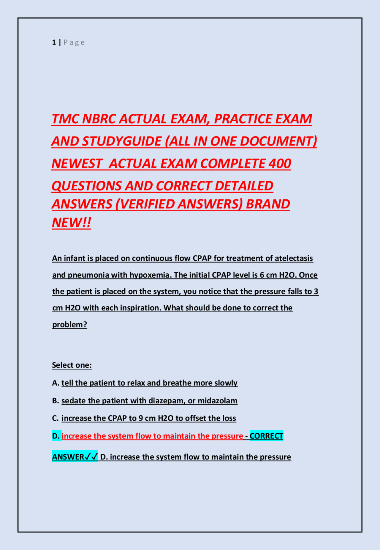 TMC NBRC ACTUAL EXAM, PRACTICE EXAM AND STUDYGUIDE (ALL IN ONE DOCUMENT ...