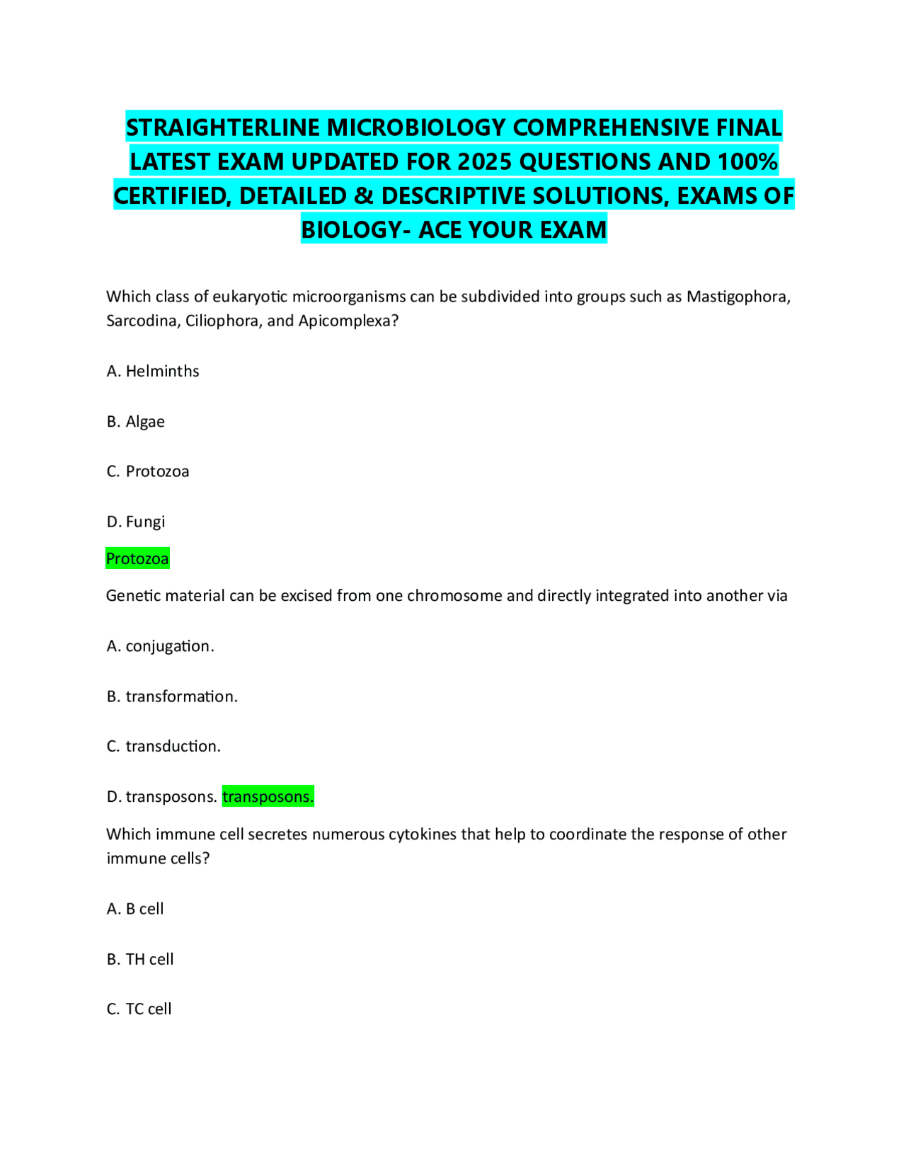 STRAIGHTERLINE MICROBIOLOGY COMPREHENSIVE FINAL LATEST EXAM UPDATED FOR ...