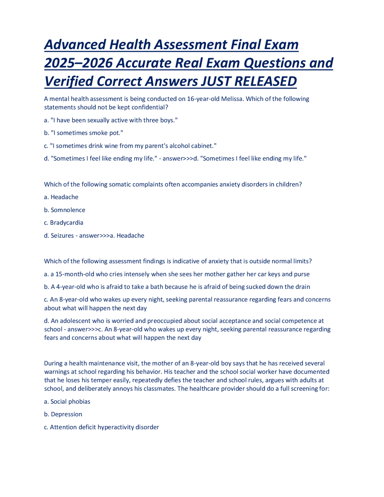 Advanced Health Assessment Final Exam 2025–2026 –Pediatric and ...