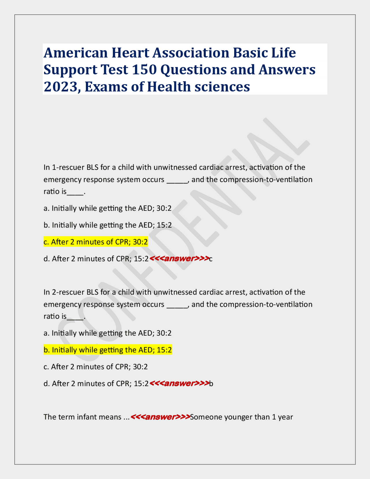 American Heart Association Basic Life Support Test 150 Questions and ...