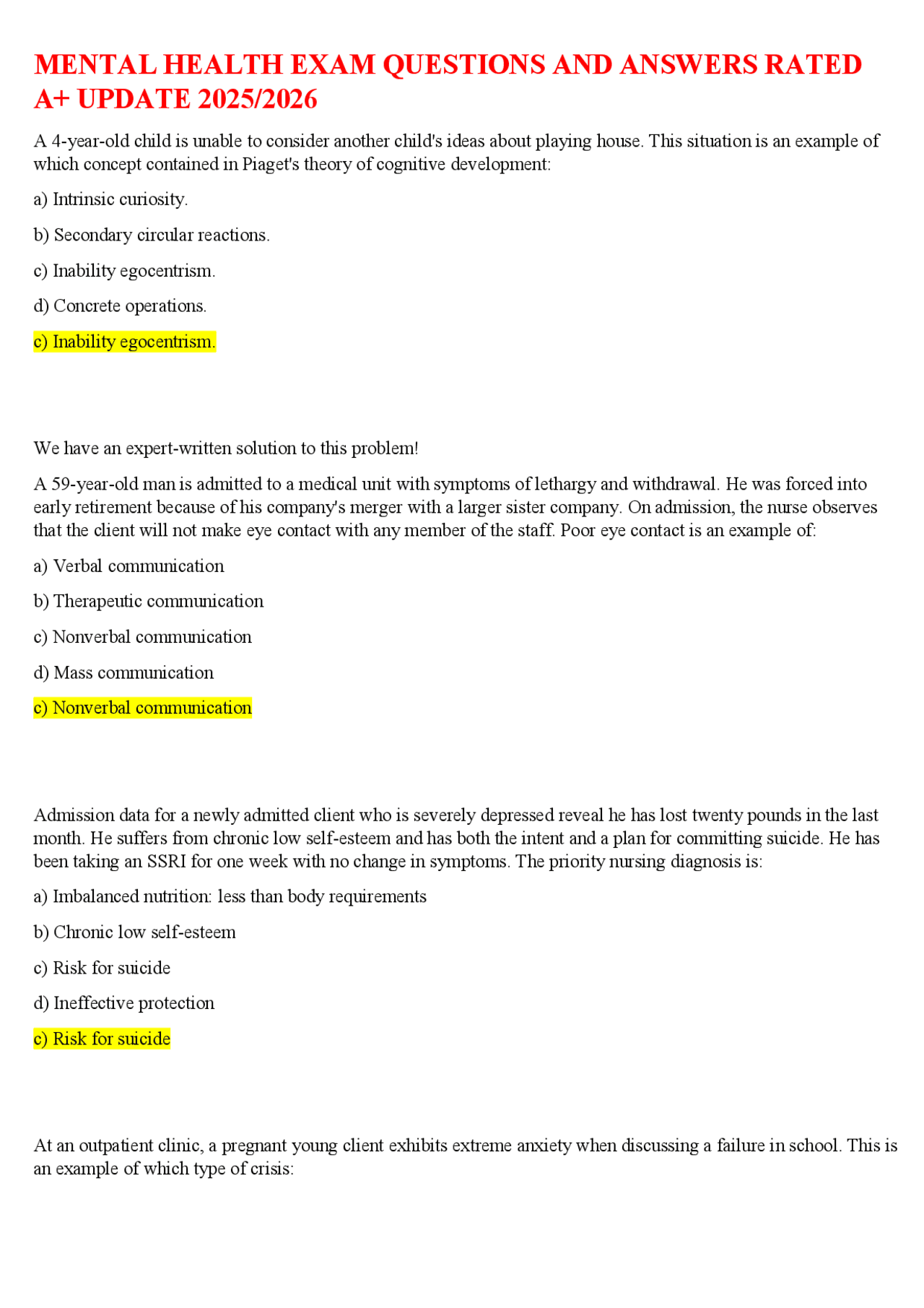 MENTAL HEALTH EXAM QUESTIONS AND ANSWERS RATED A+ UPDATE 2025/2026 ...