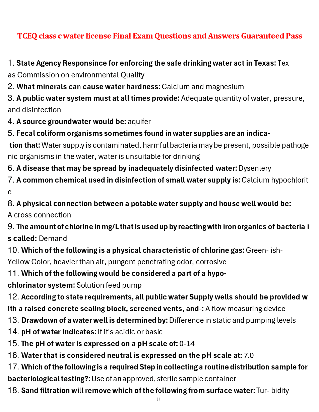 TCEQ Class C Water License Final Exam Questions and Answers ...