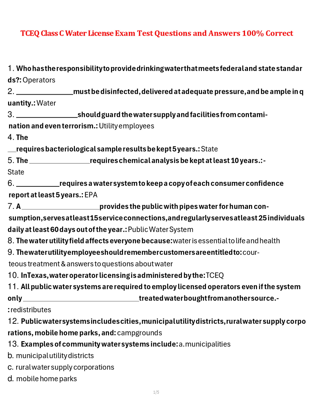 TCEQ Class C Water License Questions and Answers 100% Correct and ...