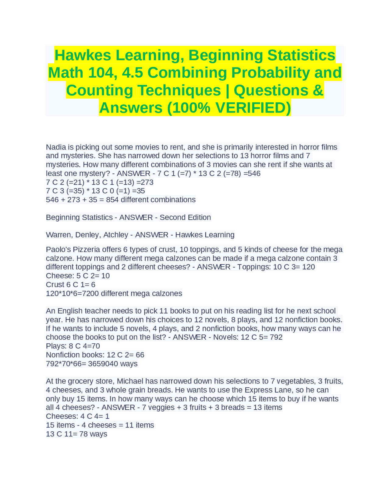Hawkes Learning, Beginning Statistics Math 104, 4.5 Combining Probability and Counting Tec ...