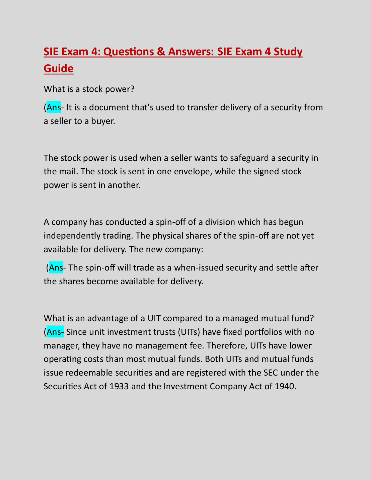 SIE Exam 4: SIE Exam 4 Study Guide | Exams Business Economics | Docsity