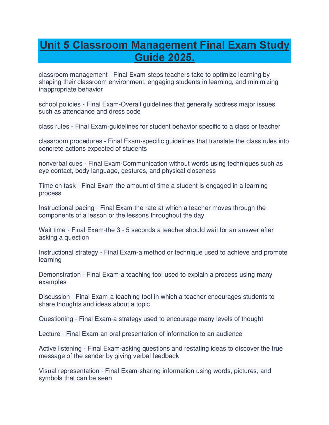 Unit 5 Classroom Management Final Exam Study Guide 2025. | Exams Nursing | Docsity