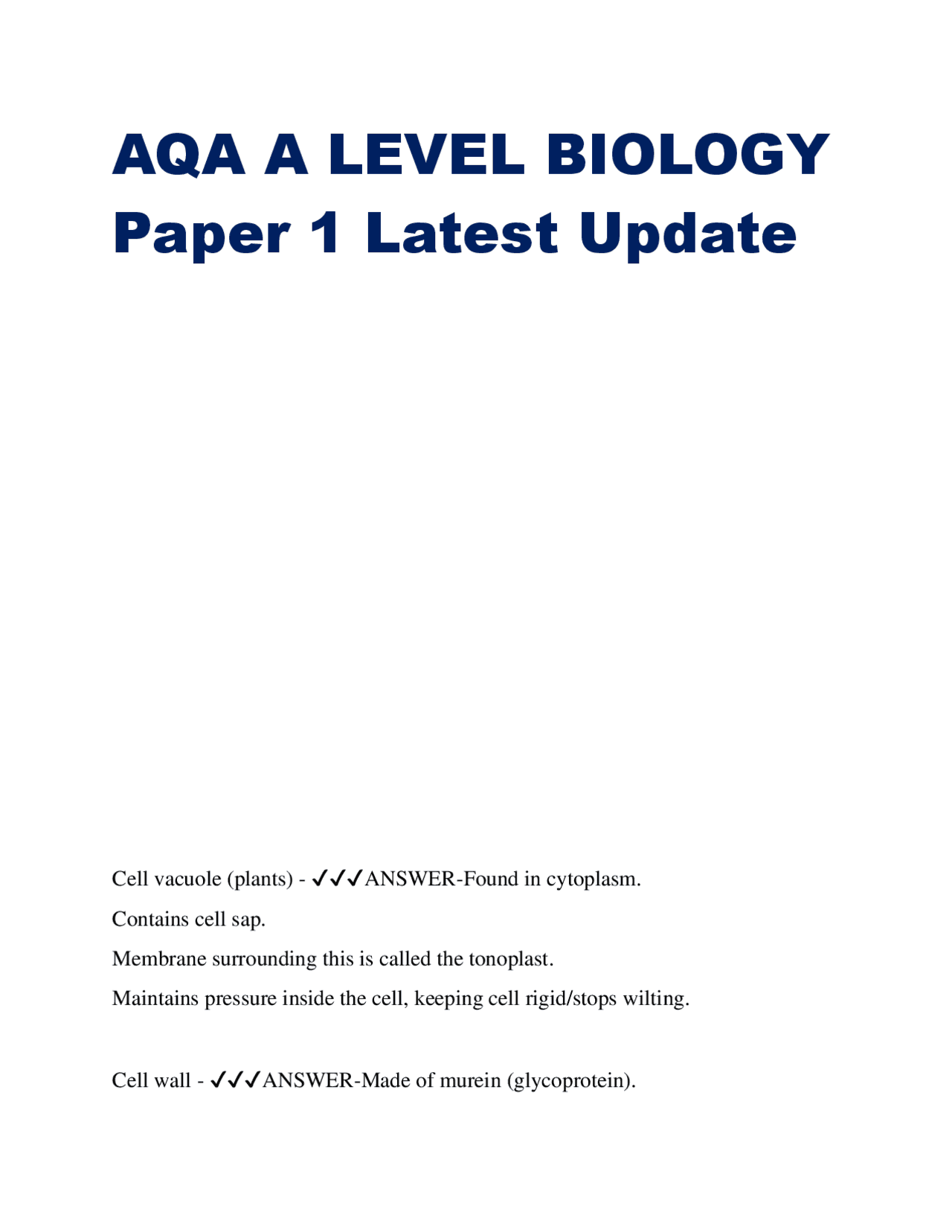 AQA A LEVEL BIOLOGY Paper 1 Latest Update | Exams Biology | Docsity