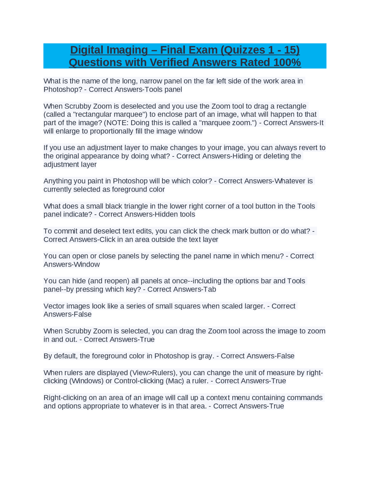 Digital Imaging – Final Exam (Quizzes 1 - 15) Questions with Verified ...