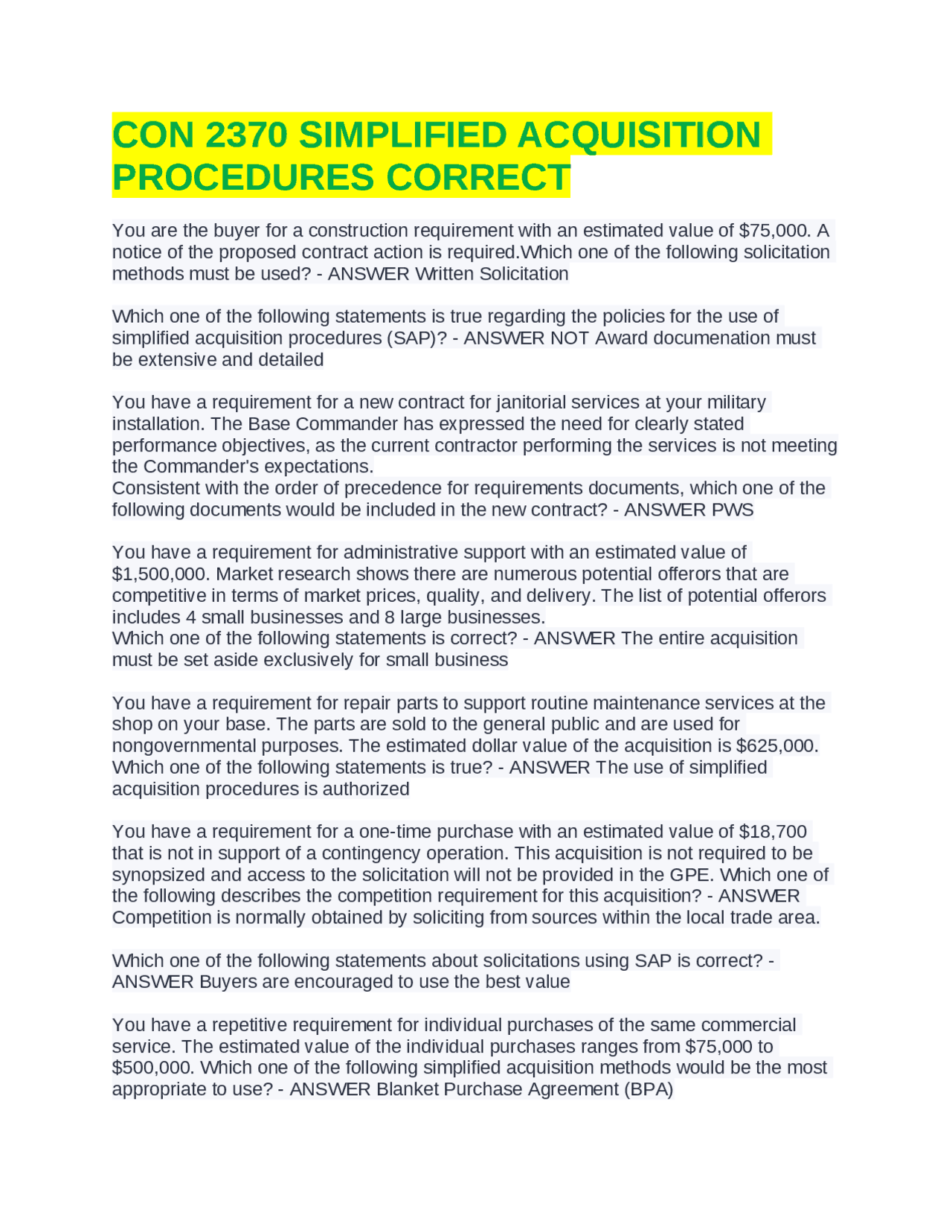 CON 2370 SIMPLIFIED ACQUISITION PROCEDURES CORRECT | Exams Business ...