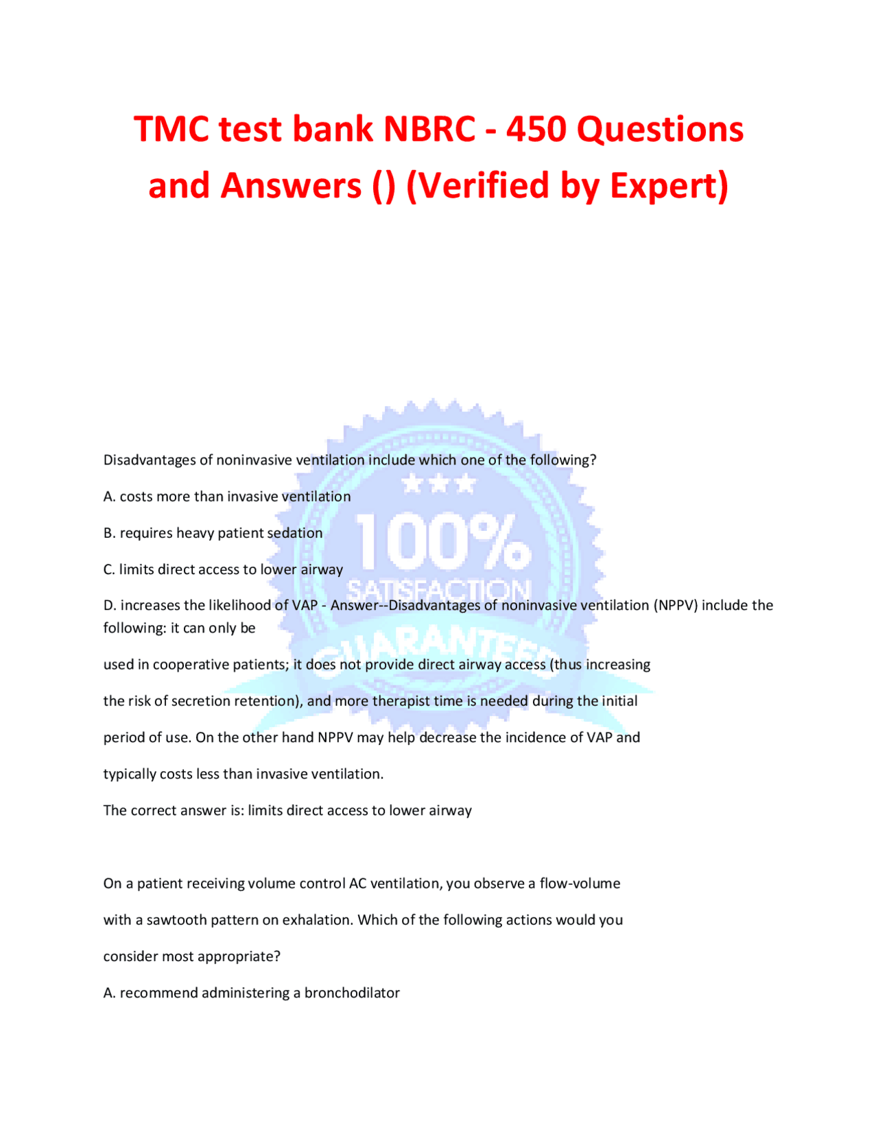 TMC test bank NBRC - 450 Questions and Answers () (Verified by Expert ...