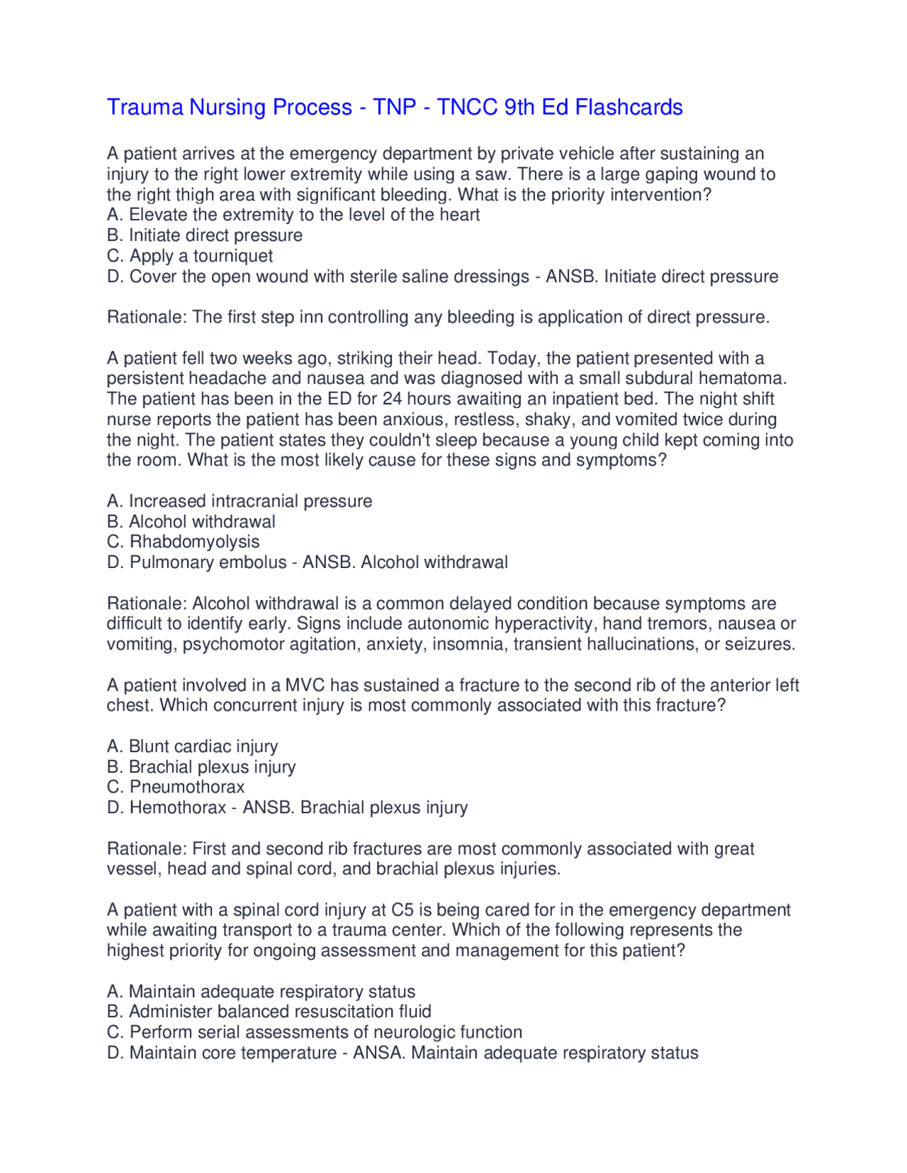 Trauma Nursing Process - TNP - TNCC 9th Ed Flashcards.pdf | Exams ...