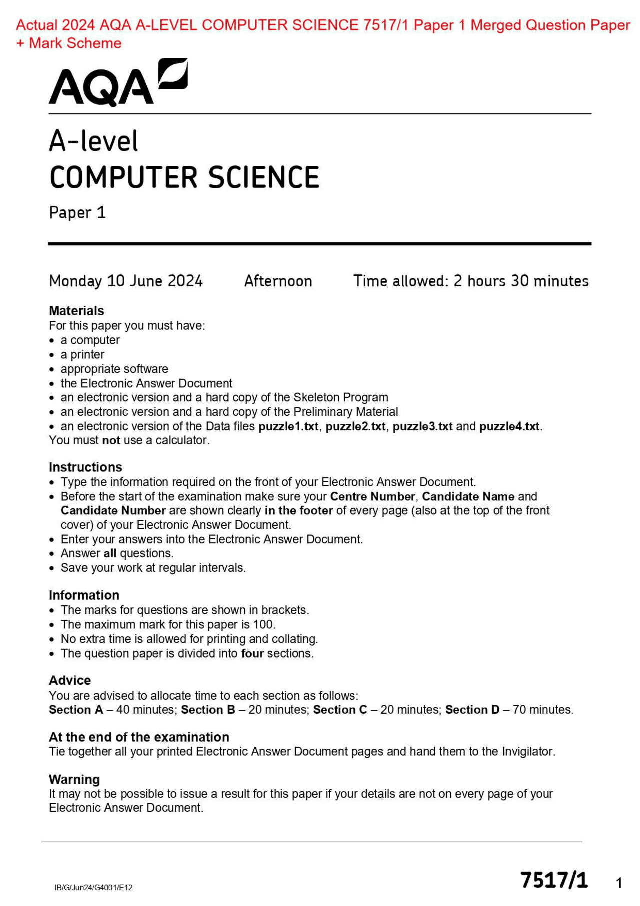Actual 2024 AQA A-LEVEL COMPUTER SCIENCE 7517/1 Paper 1 Merged Question Paper + Mark Sche ...