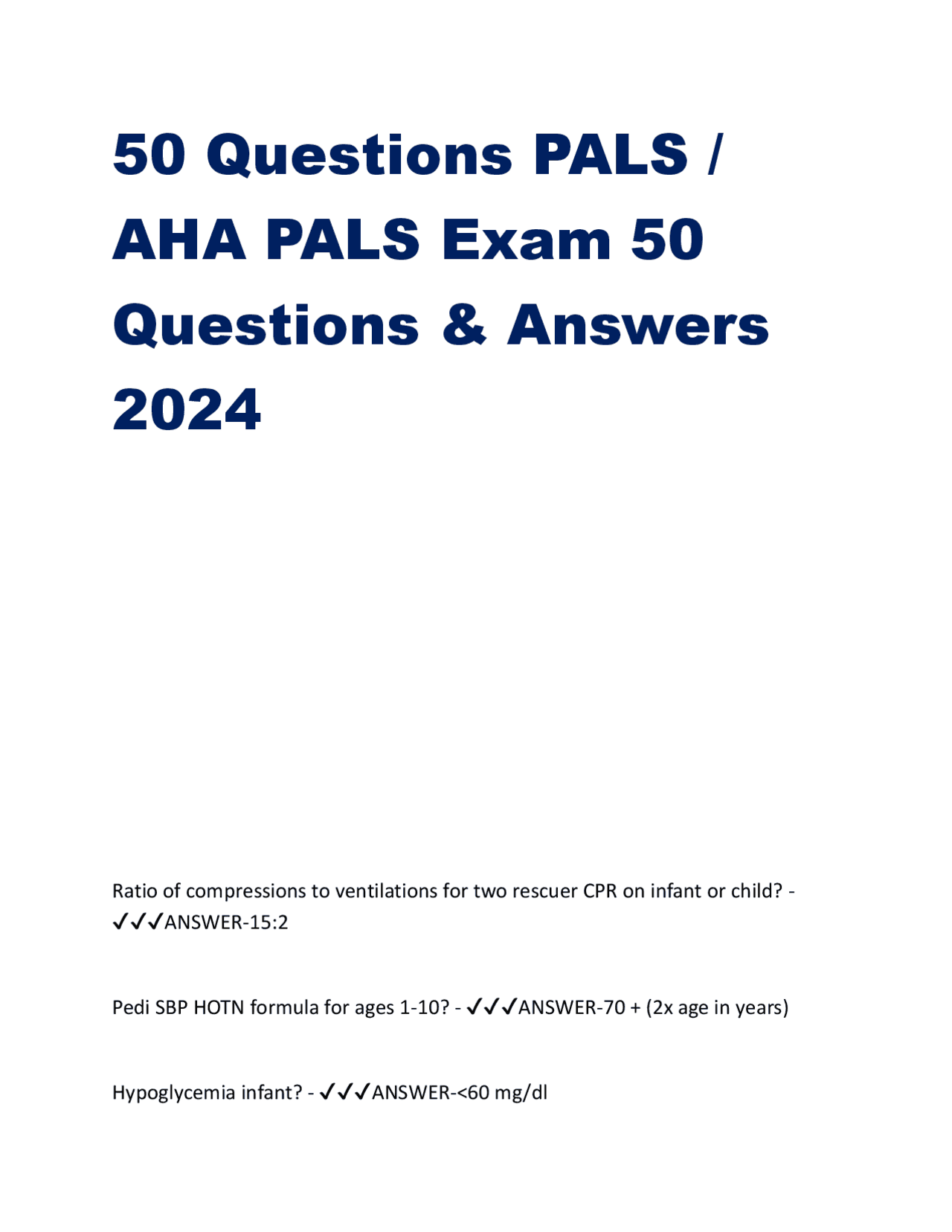 50 Questions PALS / AHA PALS Exam 50 Questions & Answers 2024 | Exams ...