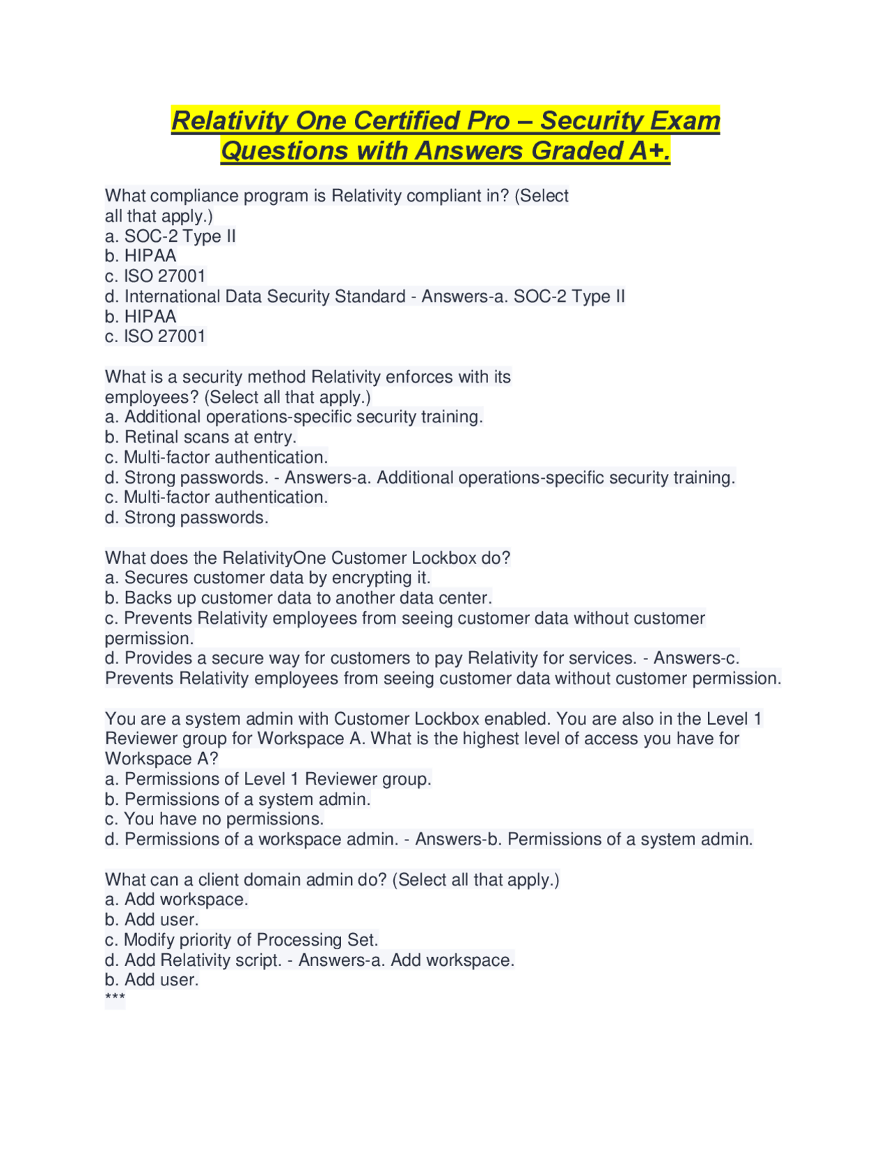 Relativity One Certified Pro – Security Exam Questions with Answers ...