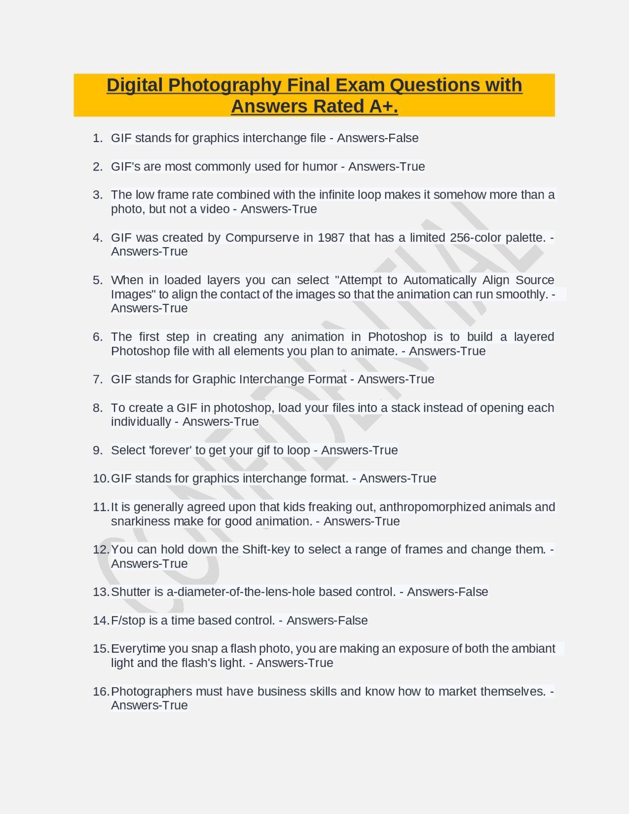 Digital Photography Final Exam Questions with Answers Rated A+. | Exams ...