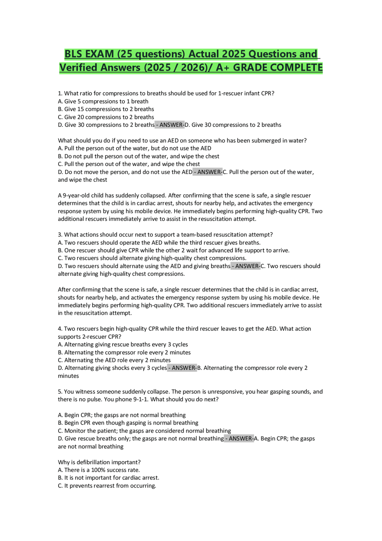 BLS EXAM(25 questions) Actual 2025 Questions and Verified Answers (2025 ...