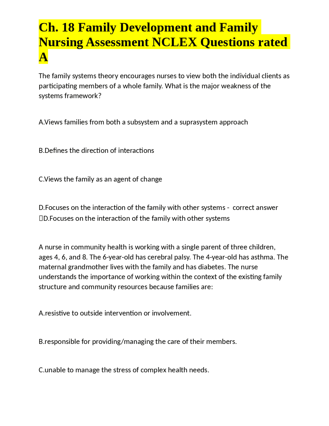 Ch. 18 Family Development and Family Nursing Assessment NCLEX Questions ...