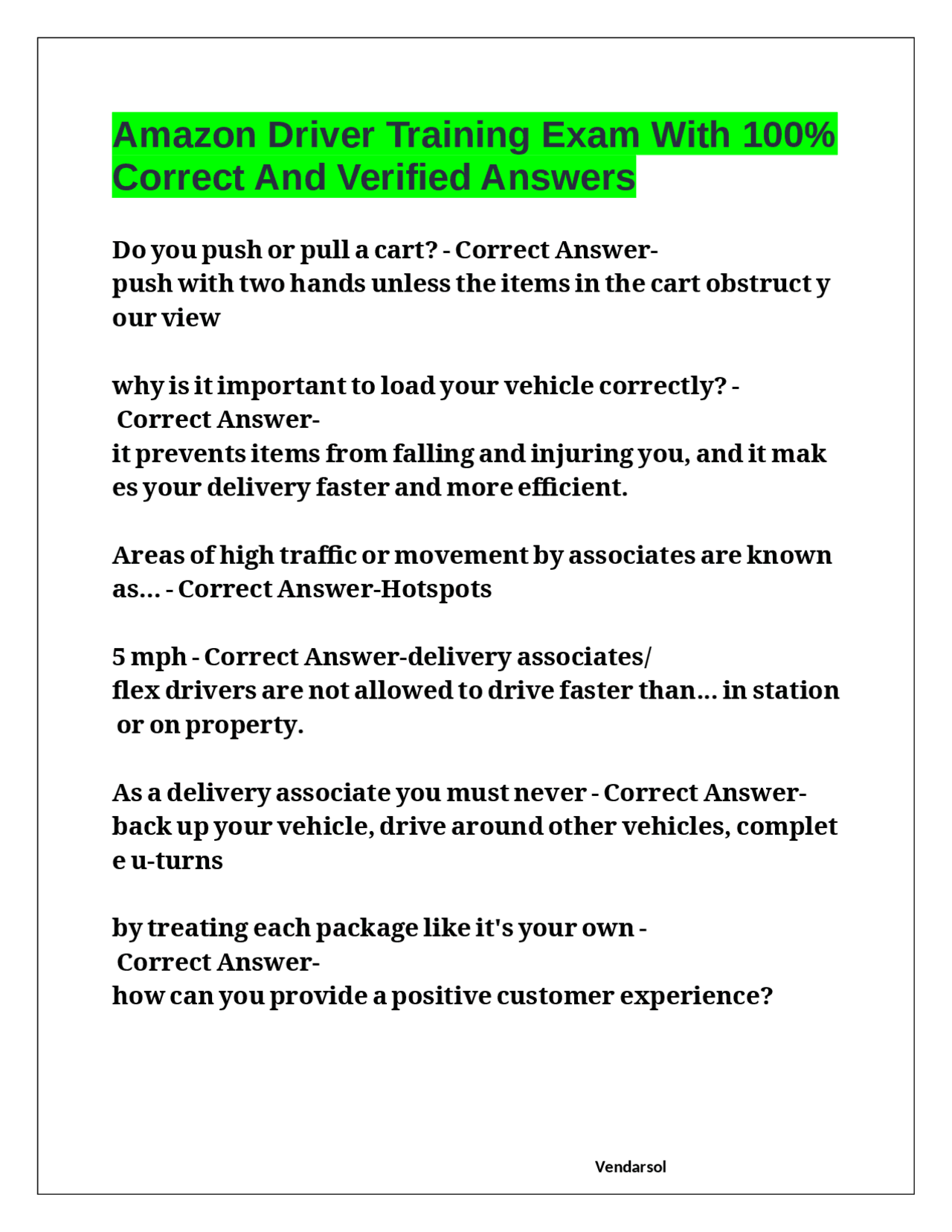 Amazon Driver Training Exam With 100% Correct And Verified Answers ...