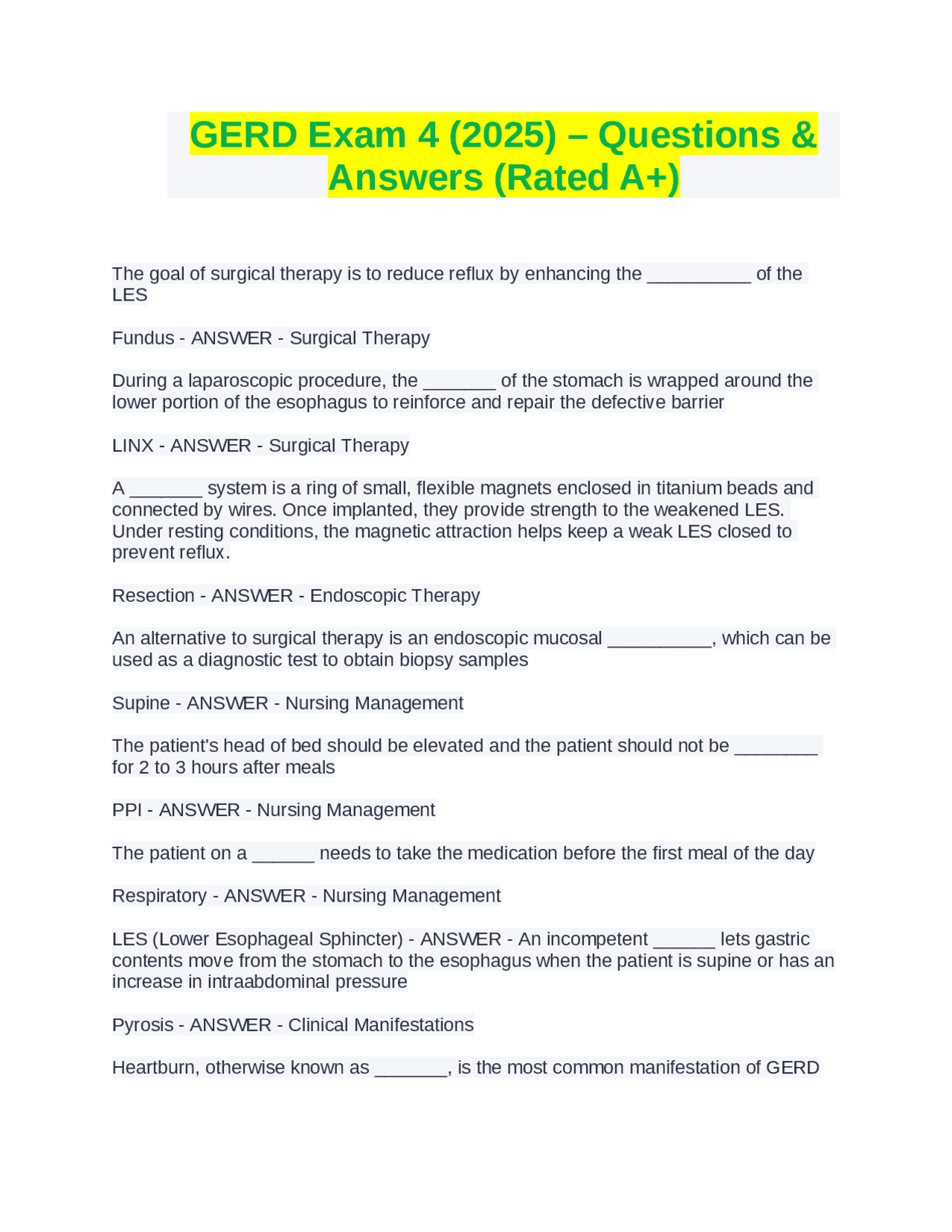 GERD Exam 4 (2025) – Questions & Answers (Rated A+) | Exams Nursing ...