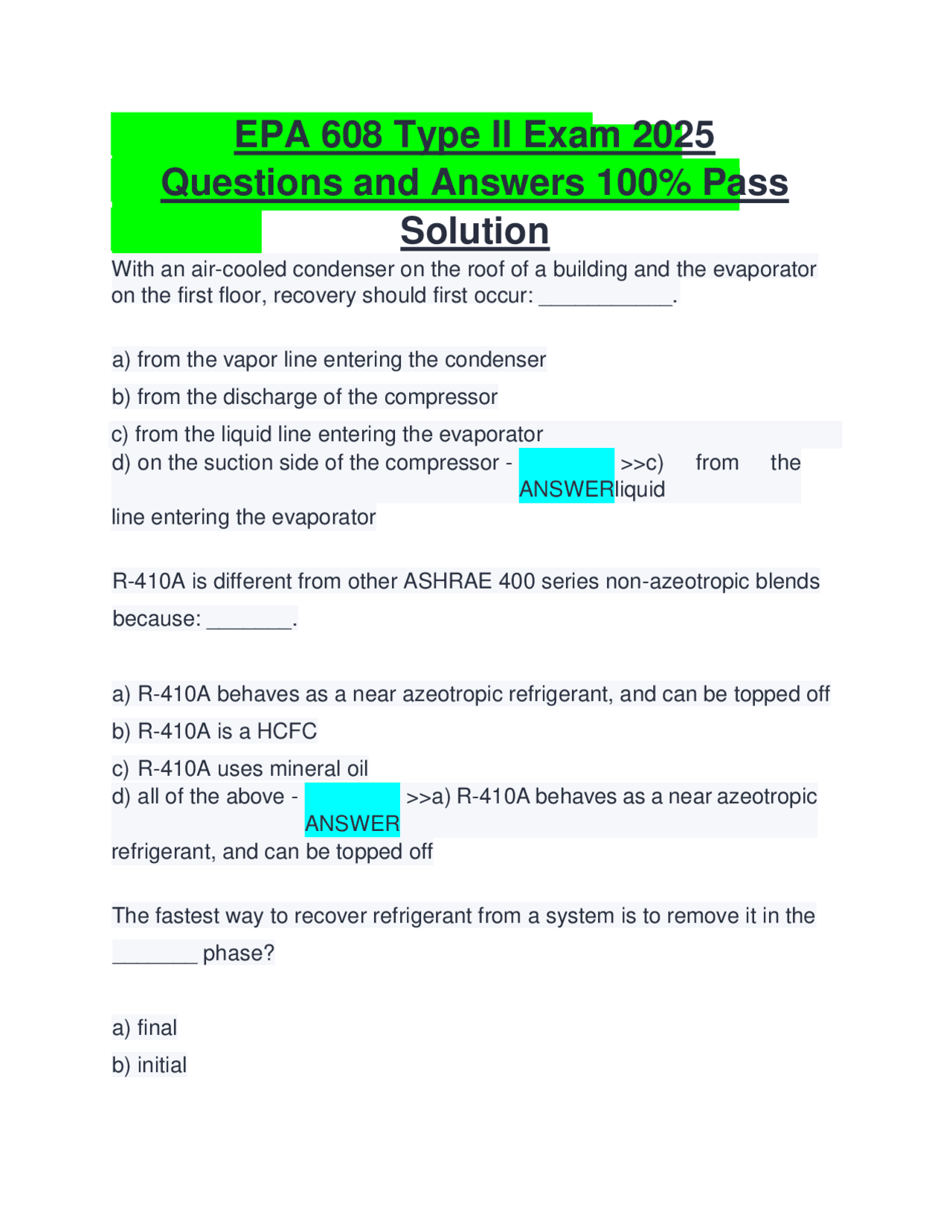 EPA 608 Type II Exam 2025 Questions and Answers 100% Pass Solution ...
