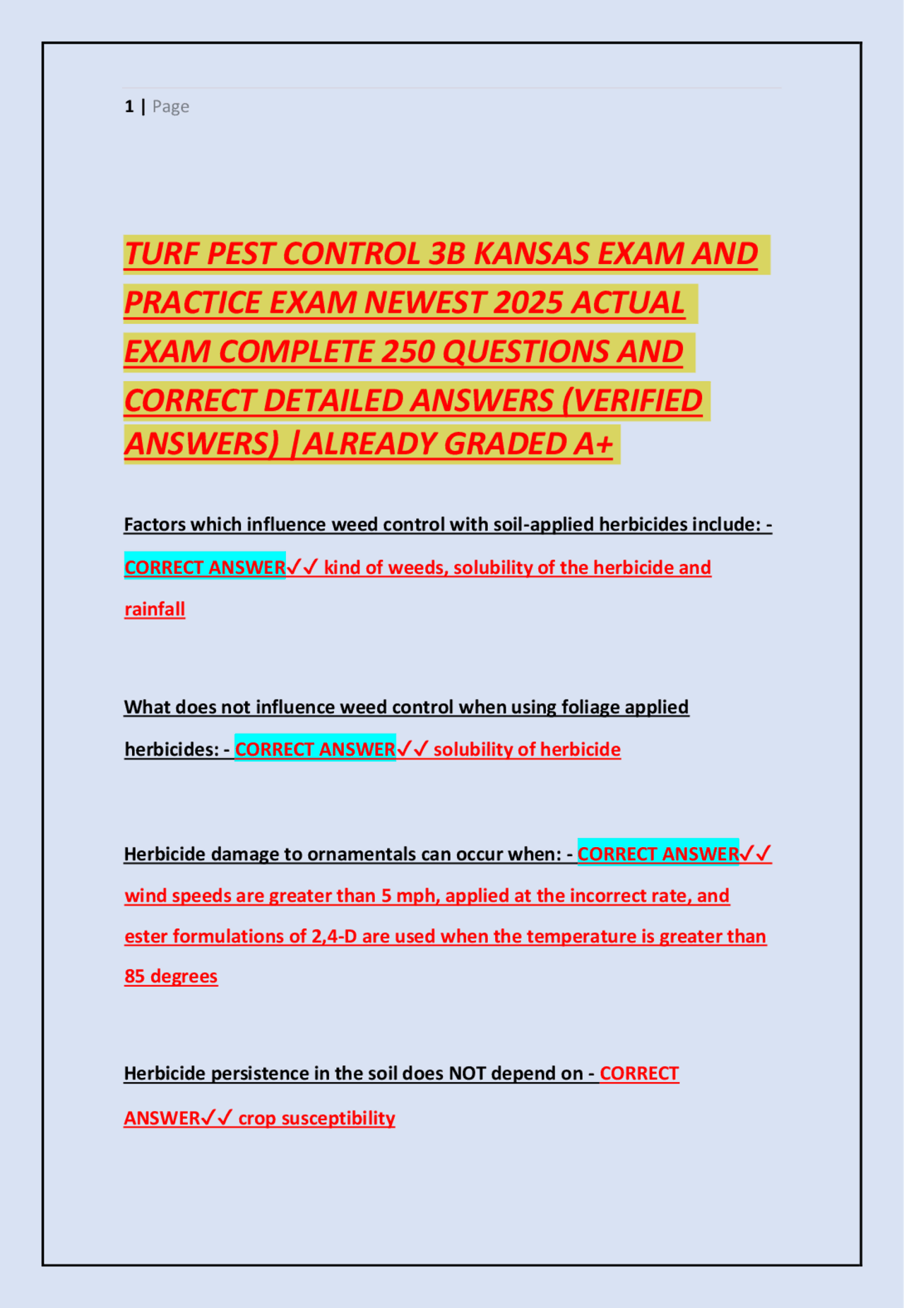 TURF PEST CONTROL 3B KANSAS EXAM AND PRACTICE EXAM NEWEST 2025 ACTUAL ...