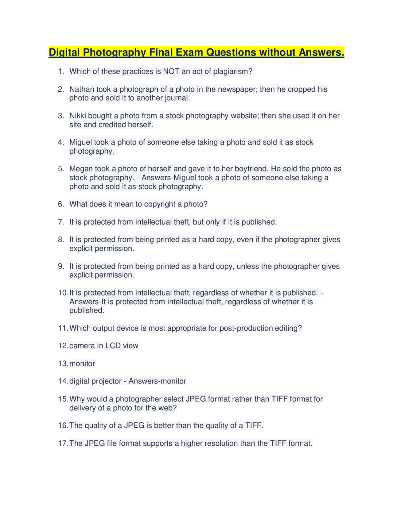 Digital Photography Final Exam Questions without Answers. | Exams ...