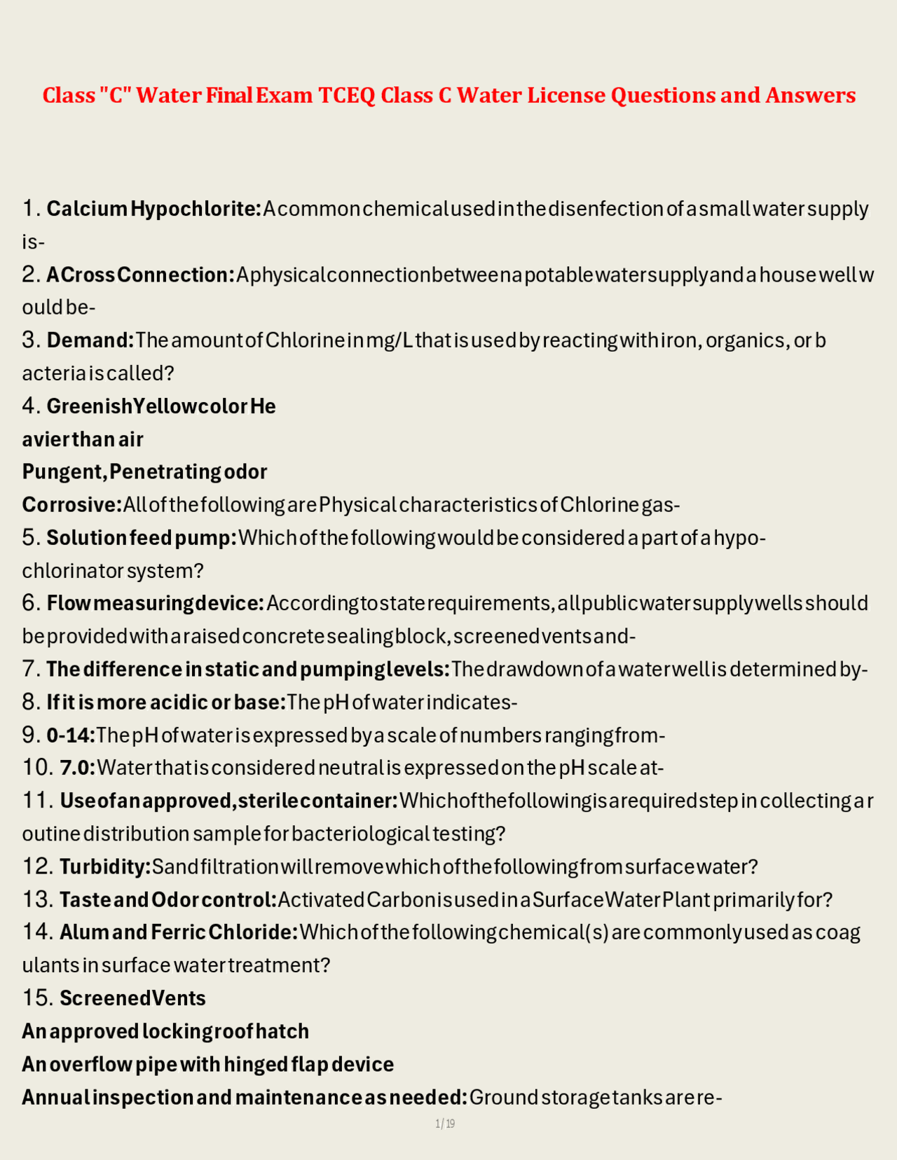 Final Exam TCEQ Class C Water License Questions and Answers | Complete ...