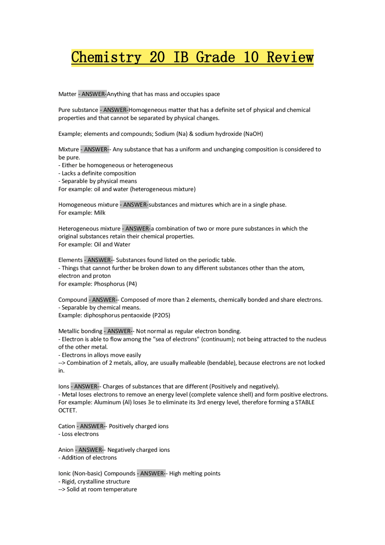Chemistry 20 IB Grade 10 Review 2025 Chemistry 20 IB Grade 10 Review ...