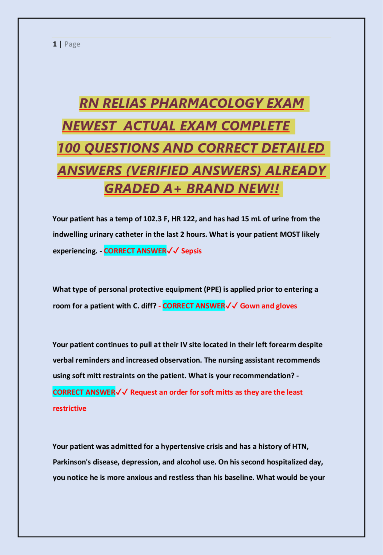 RN RELIAS PHARMACOLOGY EXAM NEWEST ACTUAL EXAM COMPLETE 100 QUESTIONS ...