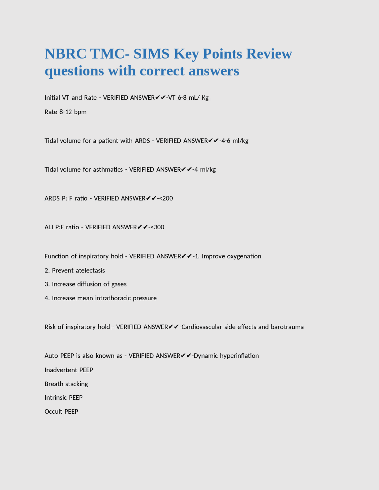 NBRC TMC- SIMS Key Points Review questions with correct answers ...
