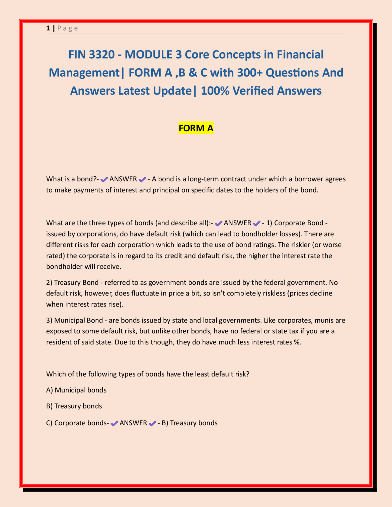 FIN 3320 - MODULE 3 Core Concepts in Financial Management| FORM A ,B ...