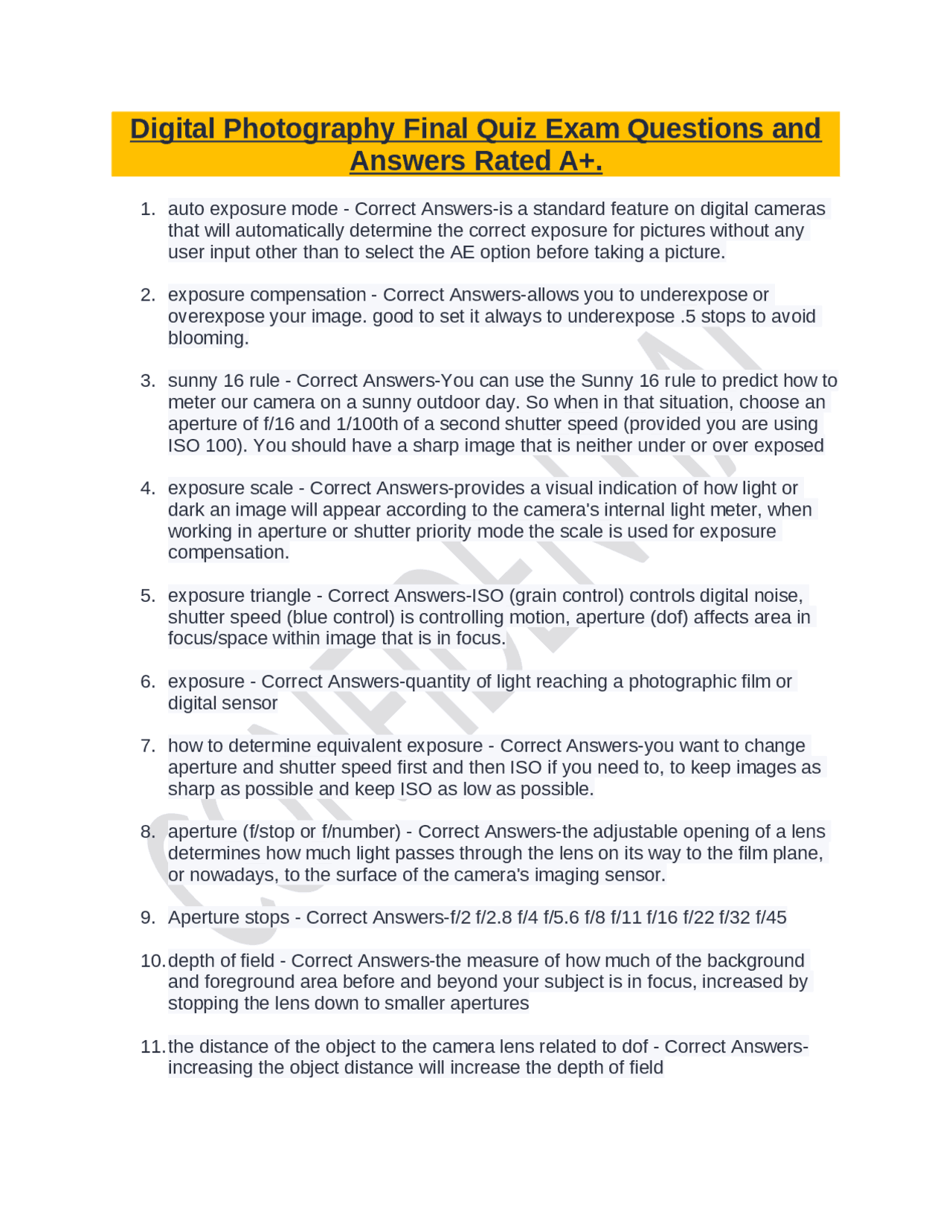 Digital Photography Final Quiz Exam Questions and Answers Rated A+ ...